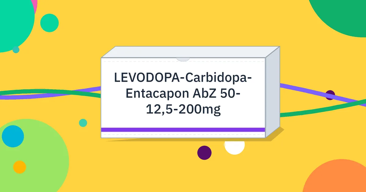 Symbolbild: Packung mit der Aufschrift LEVODOPA-Carbidopa-Entacapon AbZ 50-12,5-200mg (PZN 10712813) – Verfügbarkeit und Bezug in Apotheken in Frankfurt am Main