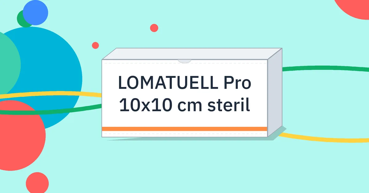 Symbolbild: Packung mit der Aufschrift LOMATUELL Pro 10x10 cm steril (PZN 17276858) – Verfügbarkeit und Bezug in Apotheken in Frankfurt am Main