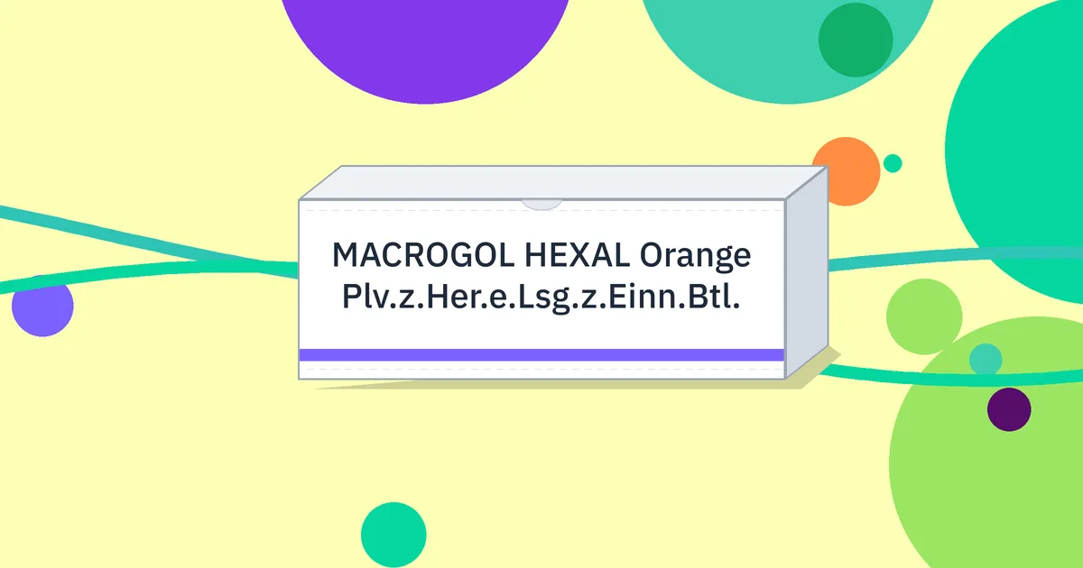 Symbolbild: Packung mit der Aufschrift MACROGOL HEXAL Orange Plv.z.Her.e.Lsg.z.Einn.Btl. (PZN 11553713) – Verfügbarkeit und Bezug in Apotheken in Frankfurt am Main