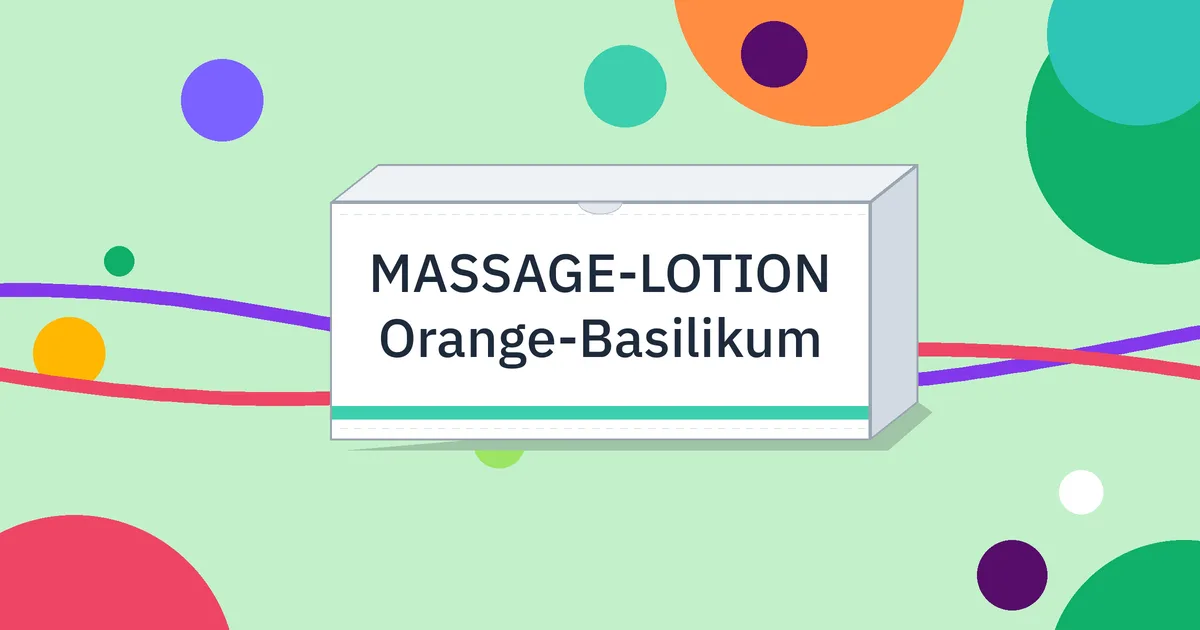 Symbolbild: Packung mit der Aufschrift MASSAGE-LOTION Orange-Basilikum (PZN 18035938) – Verfügbarkeit und Bezug in Apotheken in Frankfurt am Main