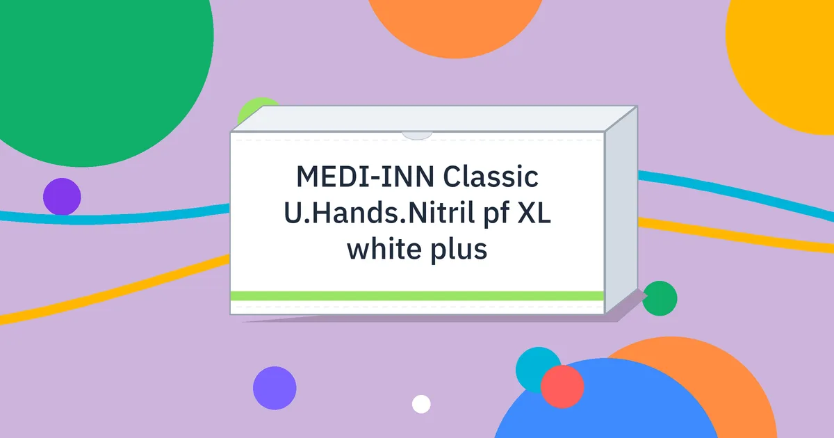 Symbolbild: Packung mit der Aufschrift MEDI-INN Classic U.Hands.Nitril pf XL white plus (PZN 18854211) – Verfügbarkeit und Bezug in Apotheken in Frankfurt am Main