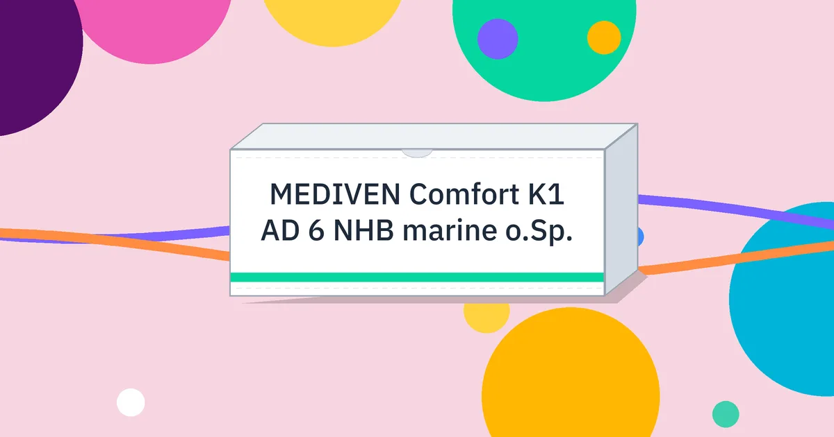 Symbolbild: Packung mit der Aufschrift MEDIVEN Comfort K1 AD 6 NHB marine o.Sp. (PZN 14560932) – Verfügbarkeit und Bezug in Apotheken in Frankfurt am Main