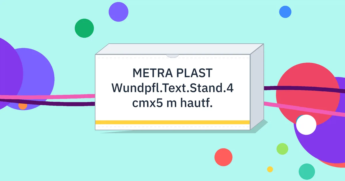 Symbolbild: Packung mit der Aufschrift METRA PLAST Wundpfl.Text.Stand.4 cmx5 m hautf. (PZN 07772036) – Verfügbarkeit und Bezug in Apotheken in Frankfurt am Main