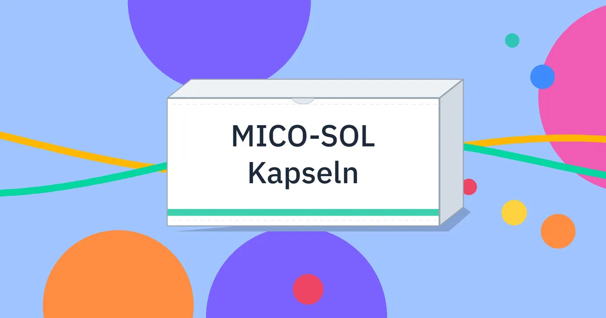 Symbolbild: Packung mit der Aufschrift MICO-SOL Kapseln (PZN 15306288) – Verfügbarkeit und Bezug in Apotheken in Frankfurt am Main