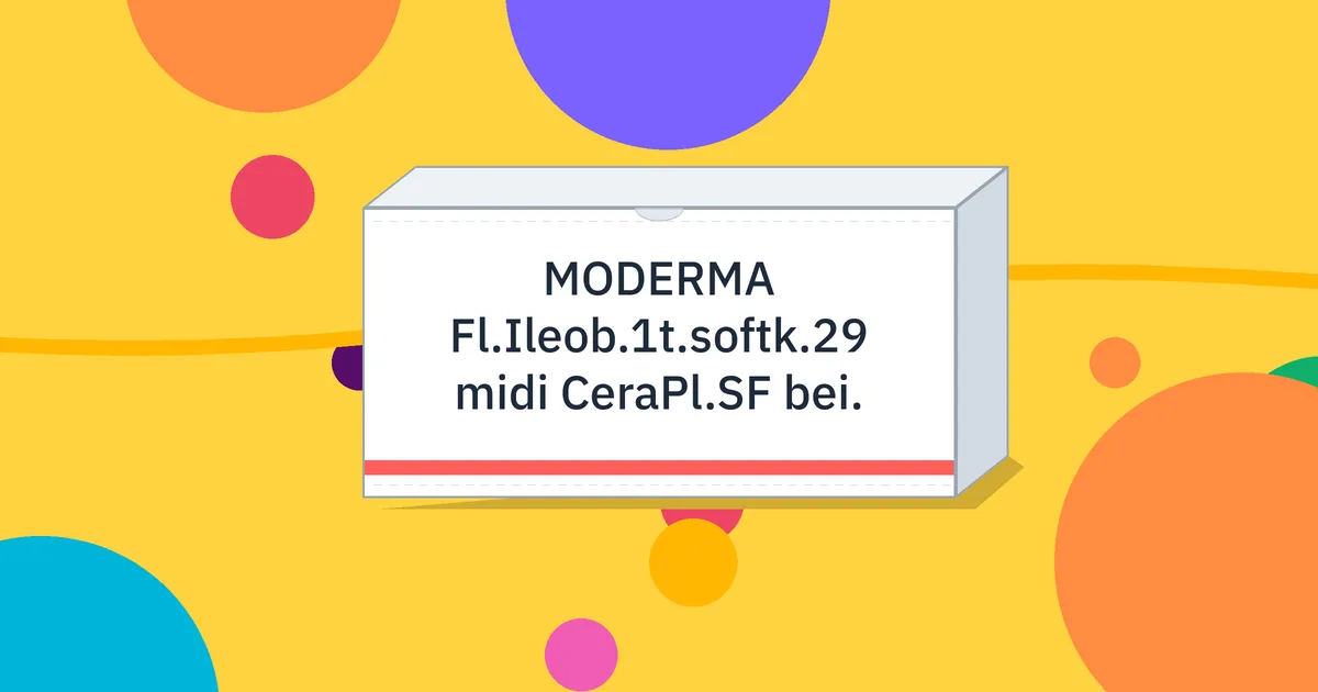 Symbolbild: Packung mit der Aufschrift MODERMA Fl.Ileob.1t.softk.29 midi CeraPl.SF bei. (PZN 18109111) – Verfügbarkeit und Bezug in Apotheken in Frankfurt am Main
