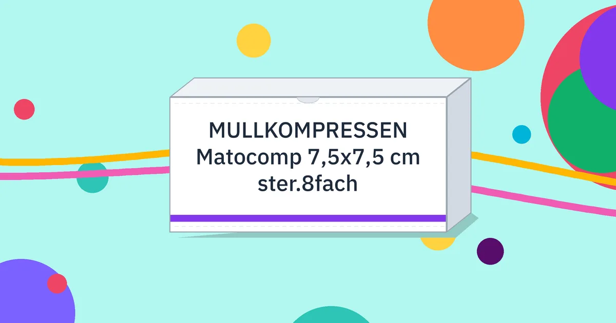Symbolbild: Packung mit der Aufschrift MULLKOMPRESSEN Matocomp 7,5x7,5 cm ster.8fach (PZN 03377834) – Verfügbarkeit und Bezug in Apotheken in Frankfurt am Main