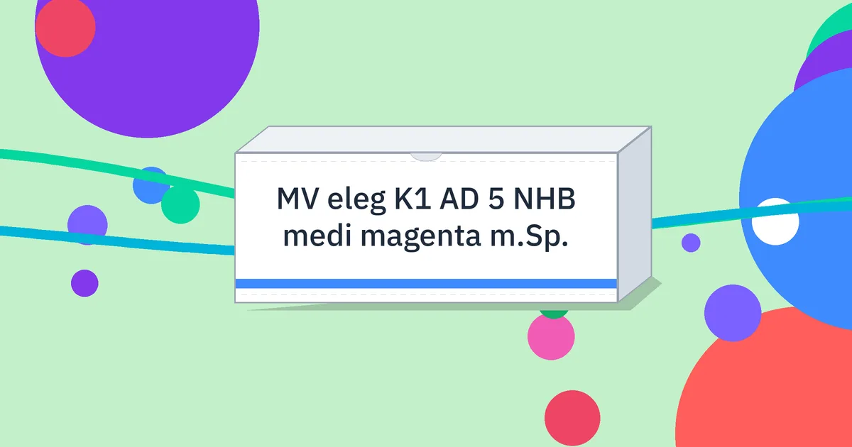 Symbolbild: Packung mit der Aufschrift MV eleg K1 AD 5 NHB medi magenta m.Sp. (PZN 15674767) – Verfügbarkeit und Bezug in Apotheken in Frankfurt am Main