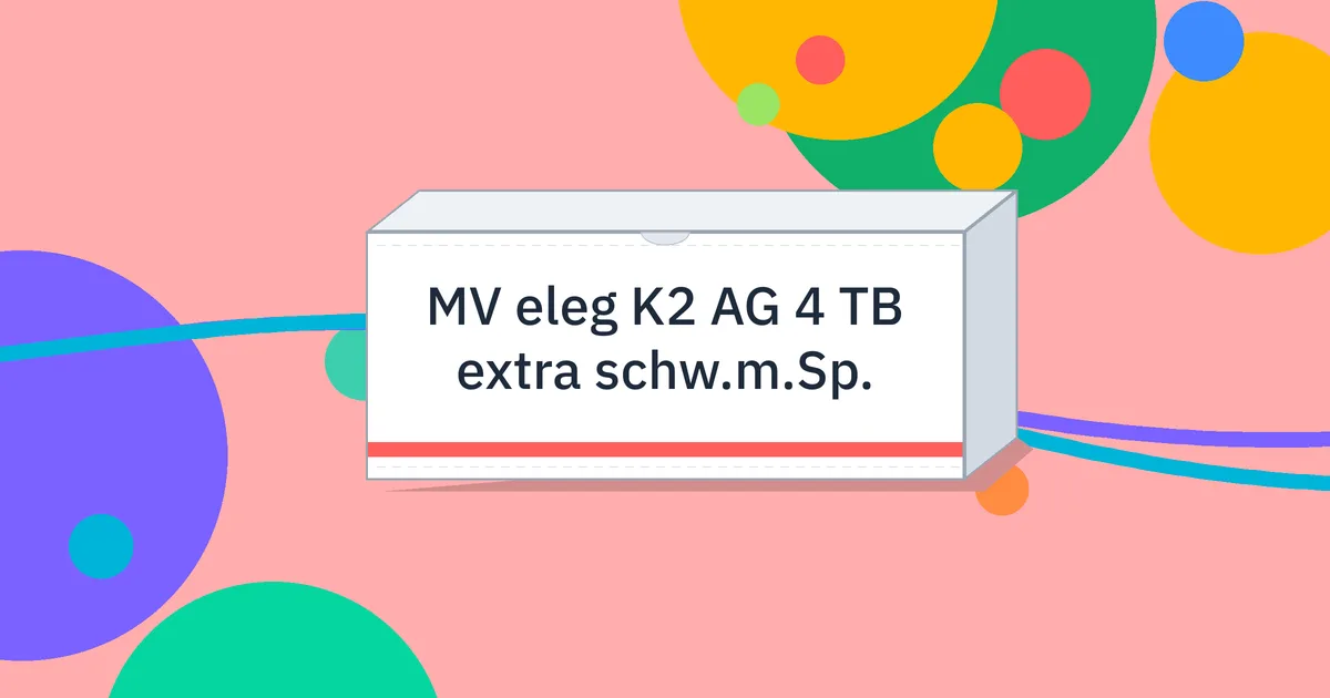 Symbolbild: Packung mit der Aufschrift MV eleg K2 AG 4 TB extra schw.m.Sp. (PZN 09877006) – Verfügbarkeit und Bezug in Apotheken in Frankfurt am Main