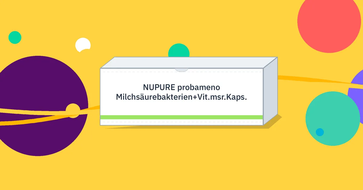 Symbolbild: Packung mit der Aufschrift NUPURE probameno Milchsäurebakterien+Vit.msr.Kaps. (PZN 18889155) – Verfügbarkeit und Bezug in Apotheken in Frankfurt am Main