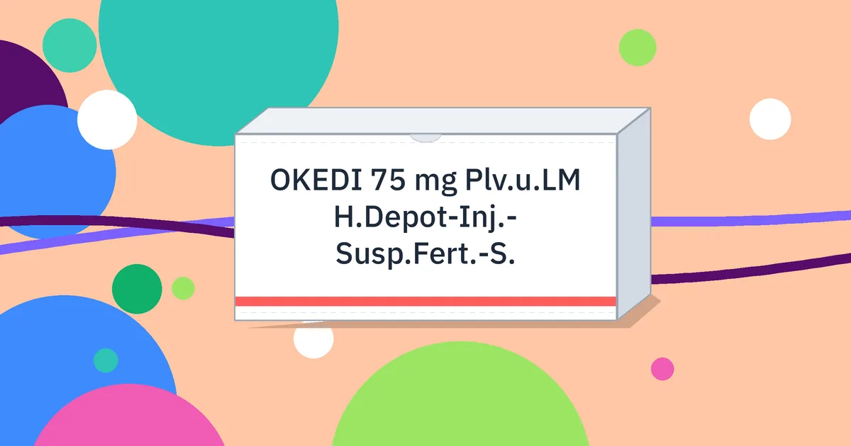 Symbolbild: Packung mit der Aufschrift OKEDI 75 mg Plv.u.LM H.Depot-Inj.-Susp.Fert.-S. (PZN 17617667) – Verfügbarkeit und Bezug in Apotheken in Frankfurt am Main