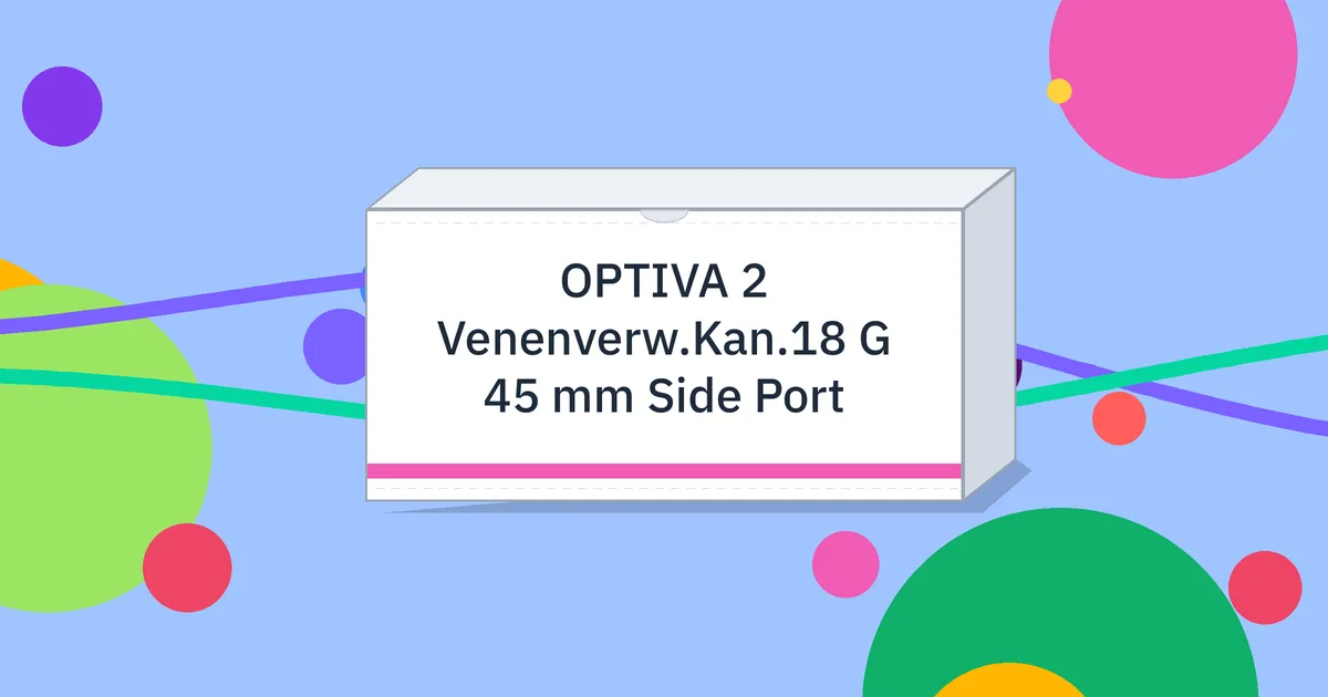 Symbolbild: Packung mit der Aufschrift OPTIVA 2 Venenverw.Kan.18 G 45 mm Side Port (PZN 00906433) – Verfügbarkeit und Bezug in Apotheken in Frankfurt am Main