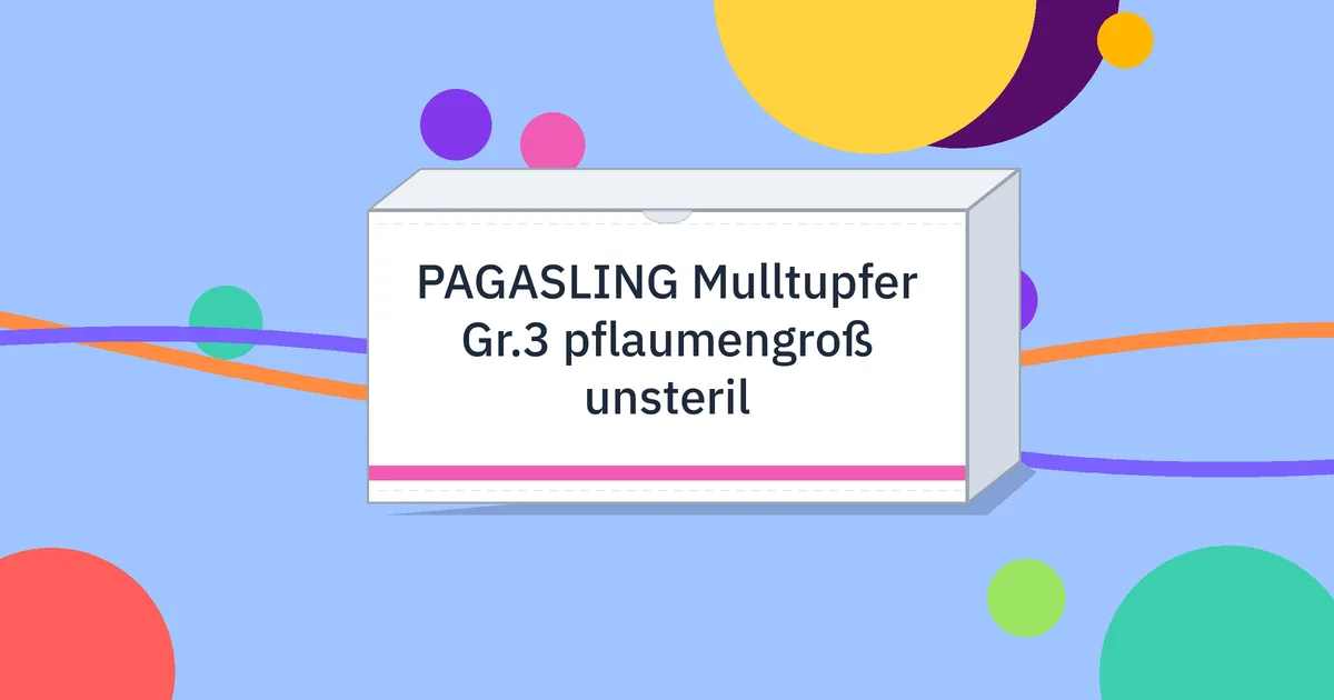 Symbolbild: Packung mit der Aufschrift PAGASLING Mulltupfer Gr.3 pflaumengroß unsteril (PZN 19679856) – Verfügbarkeit und Bezug in Apotheken in Frankfurt am Main
