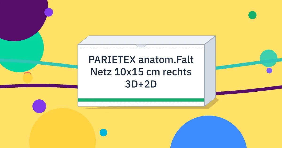 Symbolbild: Packung mit der Aufschrift PARIETEX anatom.Falt Netz 10x15 cm rechts 3D+2D (PZN 00434537) – Verfügbarkeit und Bezug in Apotheken in Frankfurt am Main