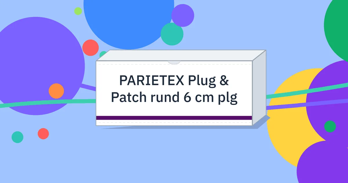 Symbolbild: Packung mit der Aufschrift PARIETEX Plug & Patch rund 6 cm plg (PZN 08411599) – Verfügbarkeit und Bezug in Apotheken in Frankfurt am Main