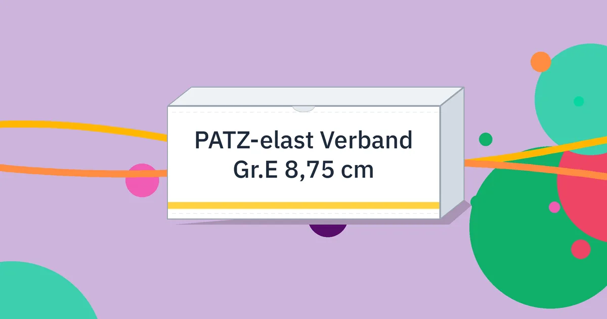 Symbolbild: Packung mit der Aufschrift PATZ-elast Verband Gr.E 8,75 cm (PZN 06815217) – Verfügbarkeit und Bezug in Apotheken in Frankfurt am Main