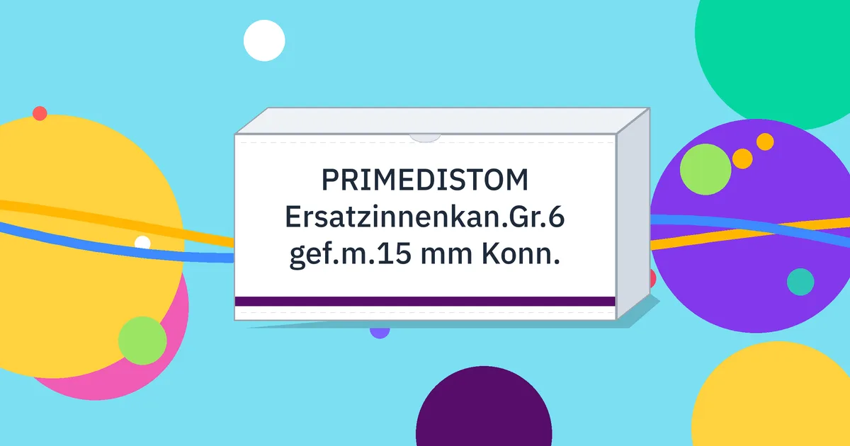 Symbolbild: Packung mit der Aufschrift PRIMEDISTOM Ersatzinnenkan.Gr.6 gef.m.15 mm Konn. (PZN 10257616) – Verfügbarkeit und Bezug in Apotheken in Frankfurt am Main