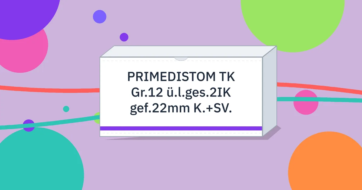 Symbolbild: Packung mit der Aufschrift PRIMEDISTOM TK Gr.12 ü.l.ges.2IK gef.22mm K.+SV. (PZN 10928619) – Verfügbarkeit und Bezug in Apotheken in Frankfurt am Main