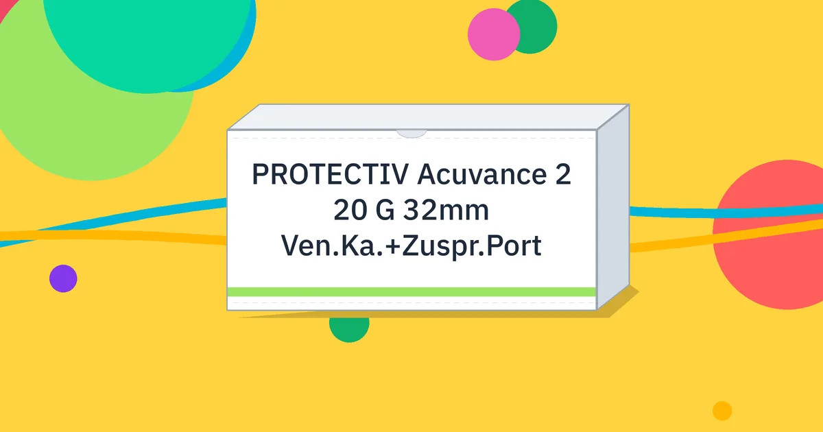 Symbolbild: Packung mit der Aufschrift PROTECTIV Acuvance 2 20 G 32mm Ven.Ka.+Zuspr.Port (PZN 17164444) – Verfügbarkeit und Bezug in Apotheken in Frankfurt am Main