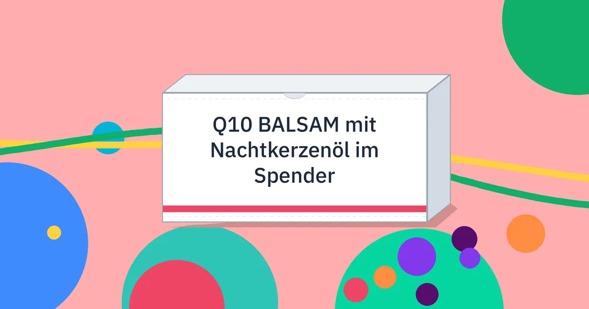 Symbolbild: Packung mit der Aufschrift Q10 BALSAM mit Nachtkerzenöl im Spender (PZN 14263619) – Verfügbarkeit und Bezug in Apotheken in Frankfurt am Main