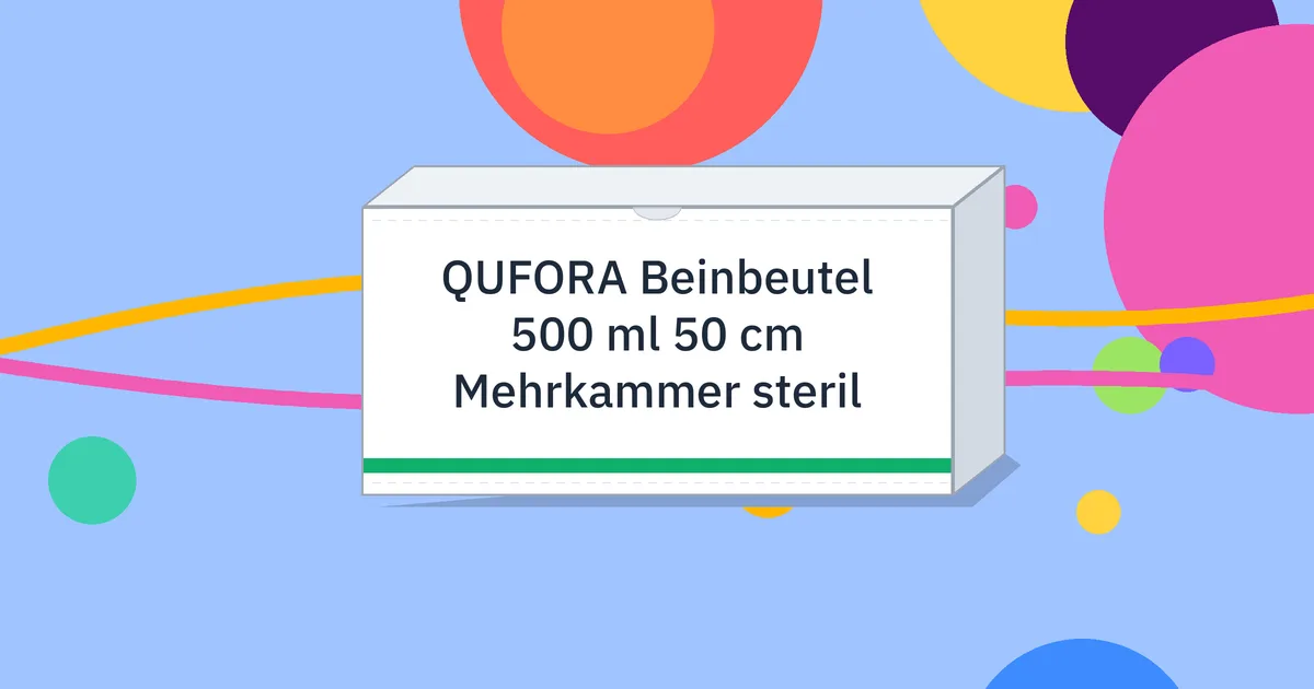 Symbolbild: Packung mit der Aufschrift QUFORA Beinbeutel 500 ml 50 cm Mehrkammer steril (PZN 02292975) – Verfügbarkeit und Bezug in Apotheken in Frankfurt am Main