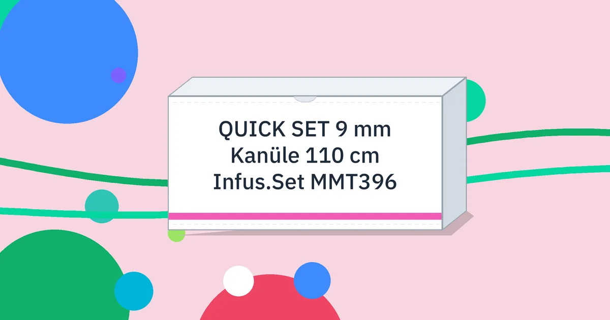 Symbolbild: Packung mit der Aufschrift QUICK SET 9 mm Kanüle 110 cm Infus.Set MMT396 (PZN 14201133) – Verfügbarkeit und Bezug in Apotheken in Frankfurt am Main