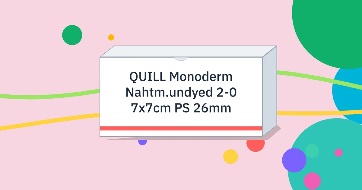 Symbolbild: Packung mit der Aufschrift QUILL Monoderm Nahtm.undyed 2-0 7x7cm PS 26mm (PZN 17988607) – Verfügbarkeit und Bezug in Apotheken in Frankfurt am Main