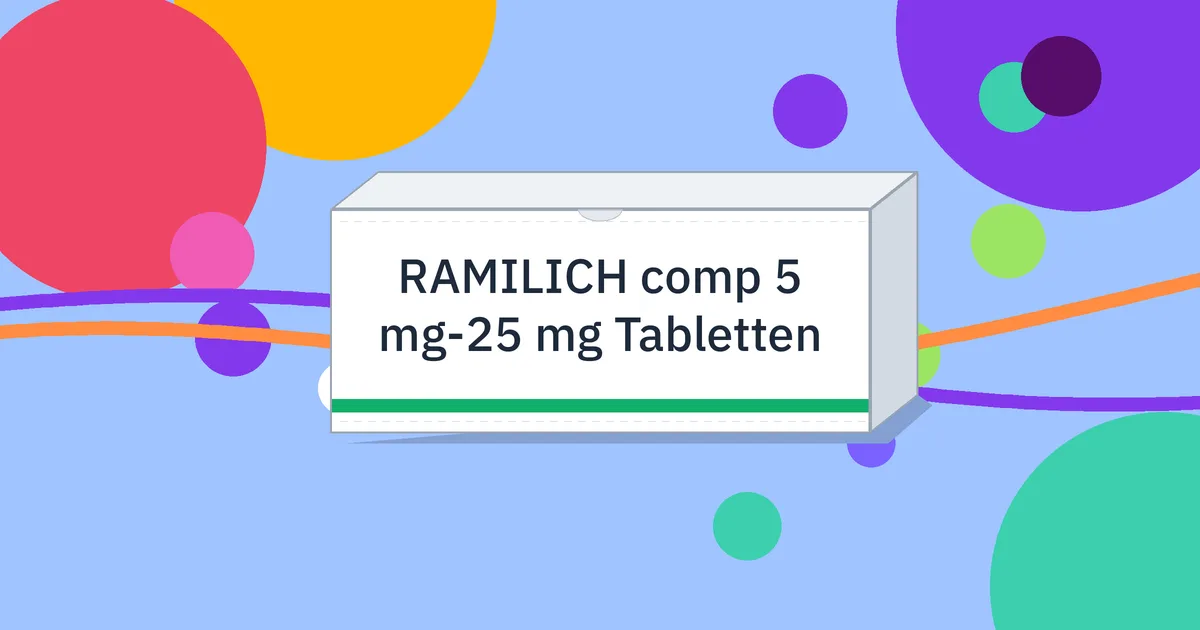 Symbolbild: Packung mit der Aufschrift RAMILICH comp 5 mg-25 mg Tabletten (PZN 01984062) – Verfügbarkeit und Bezug in Apotheken in Frankfurt am Main
