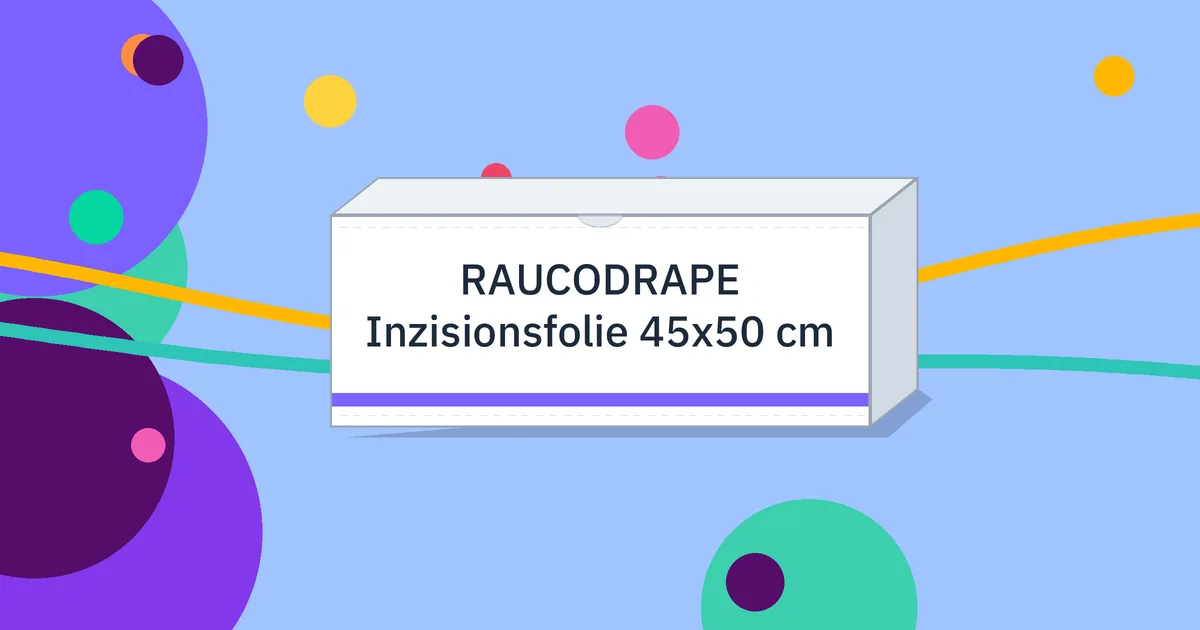 Symbolbild: Packung mit der Aufschrift RAUCODRAPE Inzisionsfolie 45x50 cm (PZN 18134327) – Verfügbarkeit und Bezug in Apotheken in Frankfurt am Main