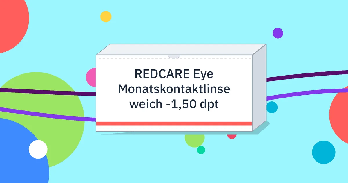 Symbolbild: Packung mit der Aufschrift REDCARE Eye Monatskontaktlinse weich -1,50 dpt (PZN 18781937) – Verfügbarkeit und Bezug in Apotheken in Frankfurt am Main