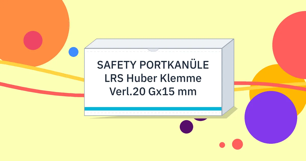 Symbolbild: Packung mit der Aufschrift SAFETY PORTKANÜLE LRS Huber Klemme Verl.20 Gx15 mm (PZN 16661904) – Verfügbarkeit und Bezug in Apotheken in Frankfurt am Main