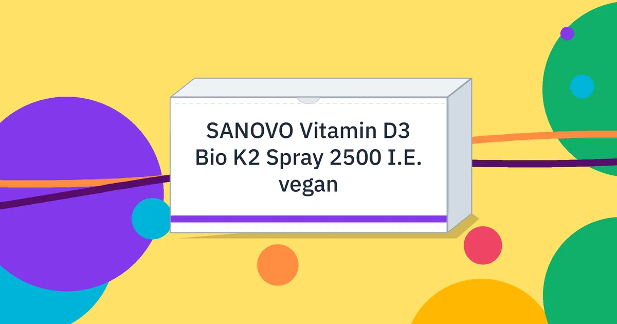 Symbolbild: Packung mit der Aufschrift SANOVO Vitamin D3 Bio K2 Spray 2500 I.E. vegan (PZN 20134671) – Verfügbarkeit und Bezug in Apotheken in Frankfurt am Main