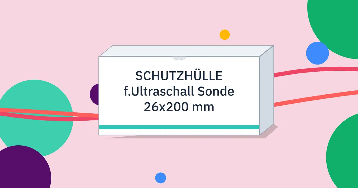 Symbolbild: Packung mit der Aufschrift SCHUTZHÜLLE f.Ultraschall Sonde 26x200 mm (PZN 03719134) – Verfügbarkeit und Bezug in Apotheken in Frankfurt am Main