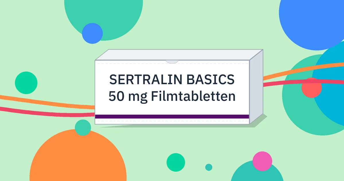 Symbolbild: Packung mit der Aufschrift SERTRALIN BASICS 50 mg Filmtabletten (PZN 12529266) – Verfügbarkeit und Bezug in Apotheken in Frankfurt am Main