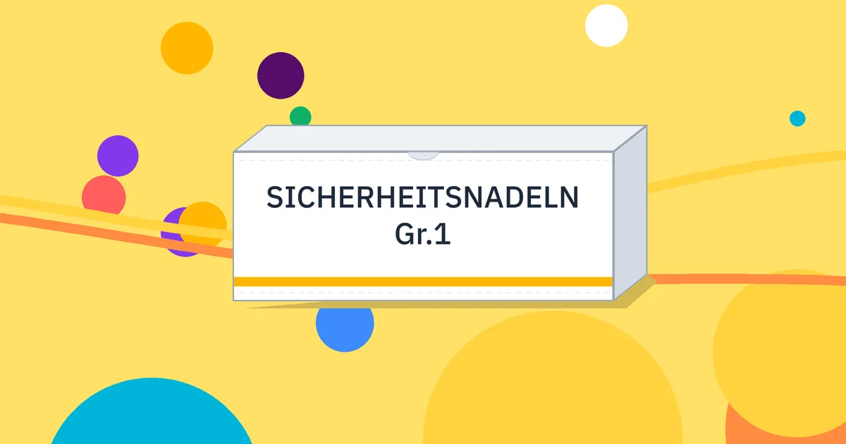 Symbolbild: Packung mit der Aufschrift SICHERHEITSNADELN Gr.1 (PZN 07250728) – Verfügbarkeit und Bezug in Apotheken in Frankfurt am Main