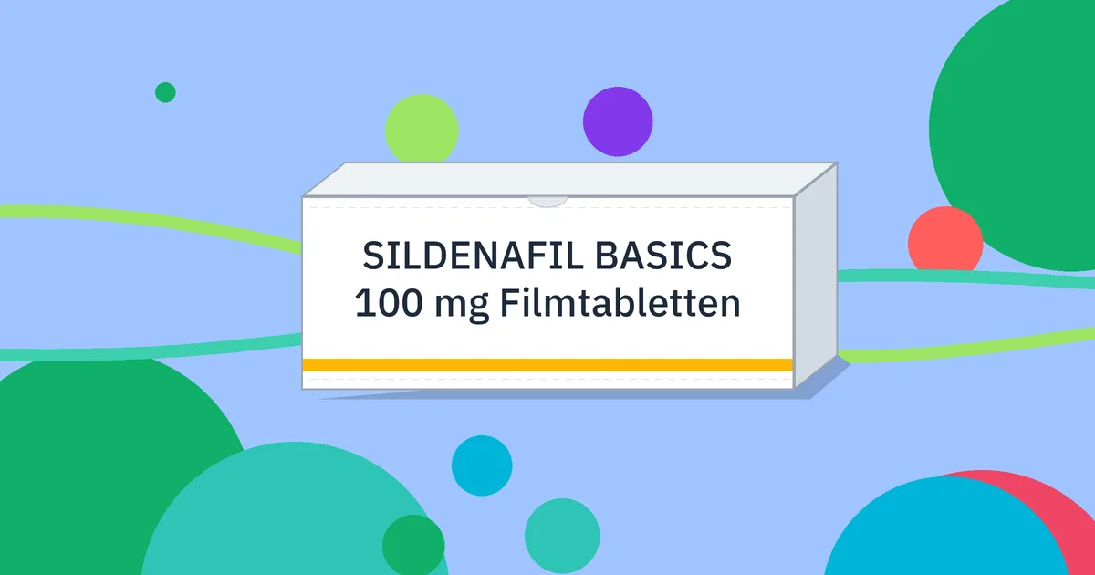 Symbolbild: Packung mit der Aufschrift SILDENAFIL BASICS 100 mg Filmtabletten (PZN 10756897) – Verfügbarkeit und Bezug in Apotheken in Frankfurt am Main
