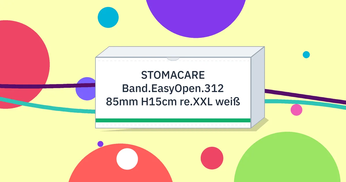 Symbolbild: Packung mit der Aufschrift STOMACARE Band.EasyOpen.312 85mm H15cm re.XXL weiß (PZN 09437804) – Verfügbarkeit und Bezug in Apotheken in Frankfurt am Main
