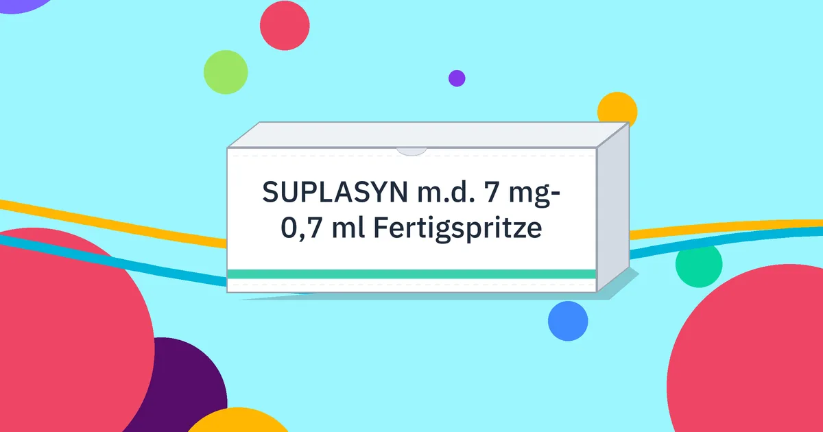 Symbolbild: Packung mit der Aufschrift SUPLASYN m.d. 7 mg-0,7 ml Fertigspritze (PZN 17978885) – Verfügbarkeit und Bezug in Apotheken in Frankfurt am Main