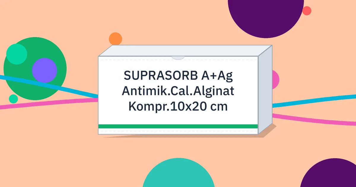 Symbolbild: Packung mit der Aufschrift SUPRASORB A+Ag Antimik.Cal.Alginat Kompr.10x20 cm (PZN 04829534) – Verfügbarkeit und Bezug in Apotheken in Frankfurt am Main