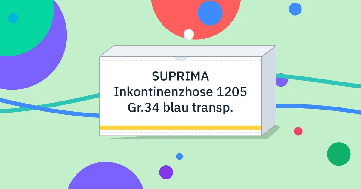 Symbolbild: Packung mit der Aufschrift SUPRIMA Inkontinenzhose 1205 Gr.34 blau transp. (PZN 01365577) – Verfügbarkeit und Bezug in Apotheken in Frankfurt am Main