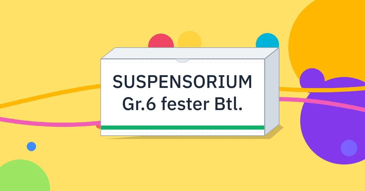Symbolbild: Packung mit der Aufschrift SUSPENSORIUM Gr.6 fester Btl. (PZN 04865613) – Verfügbarkeit und Bezug in Apotheken in Frankfurt am Main