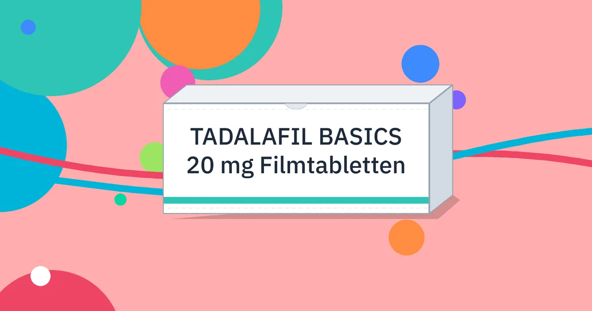 Symbolbild: Packung mit der Aufschrift TADALAFIL BASICS 20 mg Filmtabletten (PZN 14131177) – Verfügbarkeit und Bezug in Apotheken in Frankfurt am Main