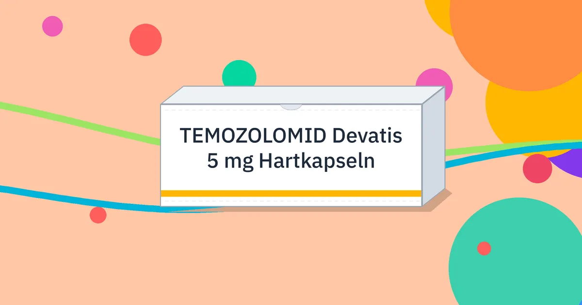 Symbolbild: Packung mit der Aufschrift TEMOZOLOMID Devatis 5 mg Hartkapseln (PZN 17981858) – Verfügbarkeit und Bezug in Apotheken in Frankfurt am Main