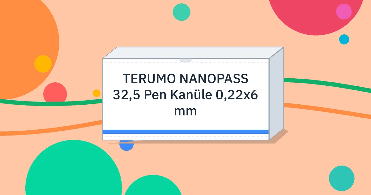 Symbolbild: Packung mit der Aufschrift TERUMO NANOPASS 32,5 Pen Kanüle 0,22x6 mm (PZN 13707238) – Verfügbarkeit und Bezug in Apotheken in Frankfurt am Main