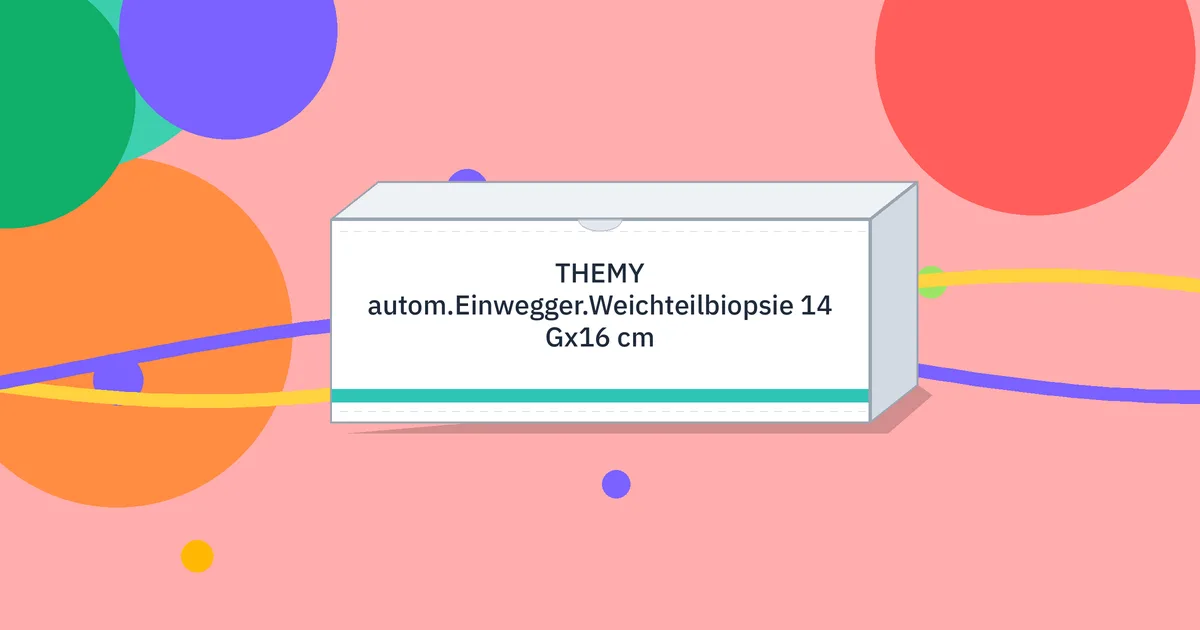 Symbolbild: Packung mit der Aufschrift THEMY autom.Einwegger.Weichteilbiopsie 14 Gx16 cm (PZN 19737306) – Verfügbarkeit und Bezug in Apotheken in Frankfurt am Main