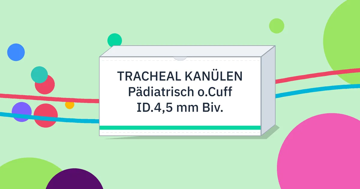 Symbolbild: Packung mit der Aufschrift TRACHEAL KANÜLEN Pädiatrisch o.Cuff ID.4,5 mm Biv. (PZN 02256620) – Verfügbarkeit und Bezug in Apotheken in Frankfurt am Main