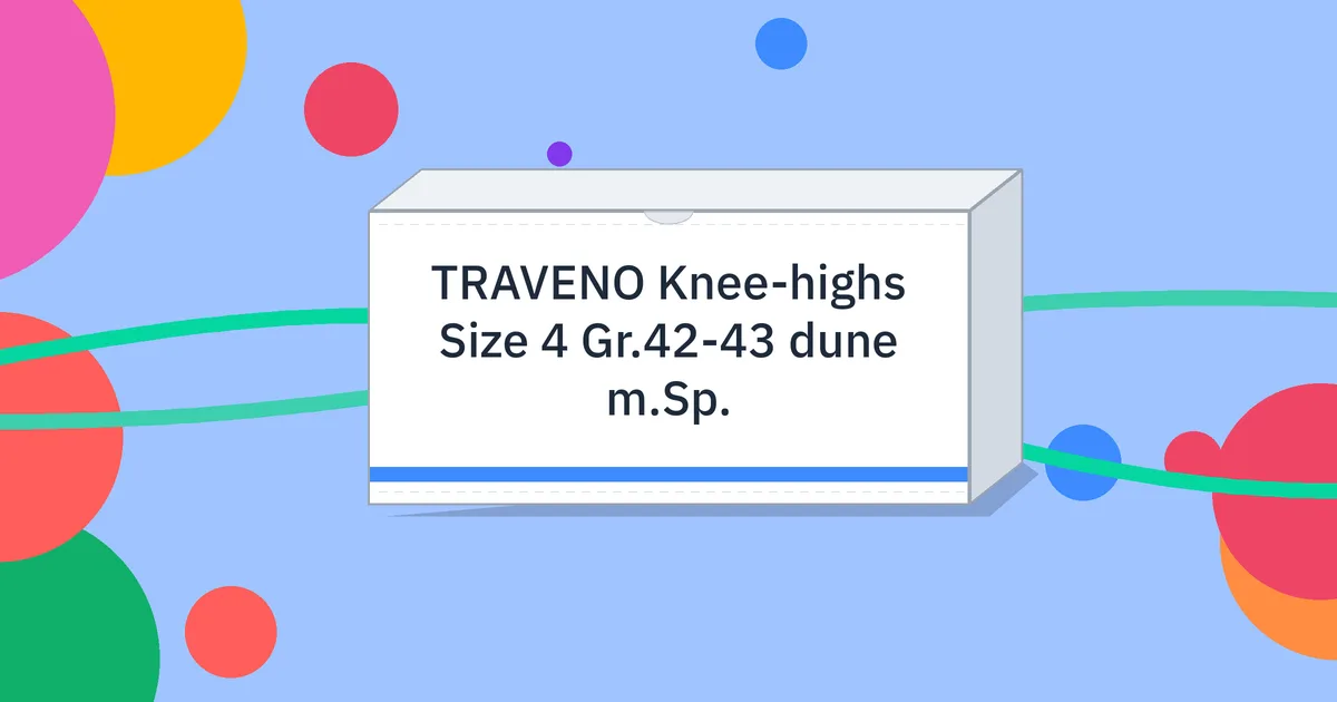 Symbolbild: Packung mit der Aufschrift TRAVENO Knee-highs Size 4 Gr.42-43 dune m.Sp. (PZN 17602967) – Verfügbarkeit und Bezug in Apotheken in Frankfurt am Main