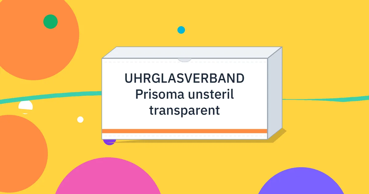 Symbolbild: Packung mit der Aufschrift UHRGLASVERBAND Prisoma unsteril transparent (PZN 20121042) – Verfügbarkeit und Bezug in Apotheken in Frankfurt am Main