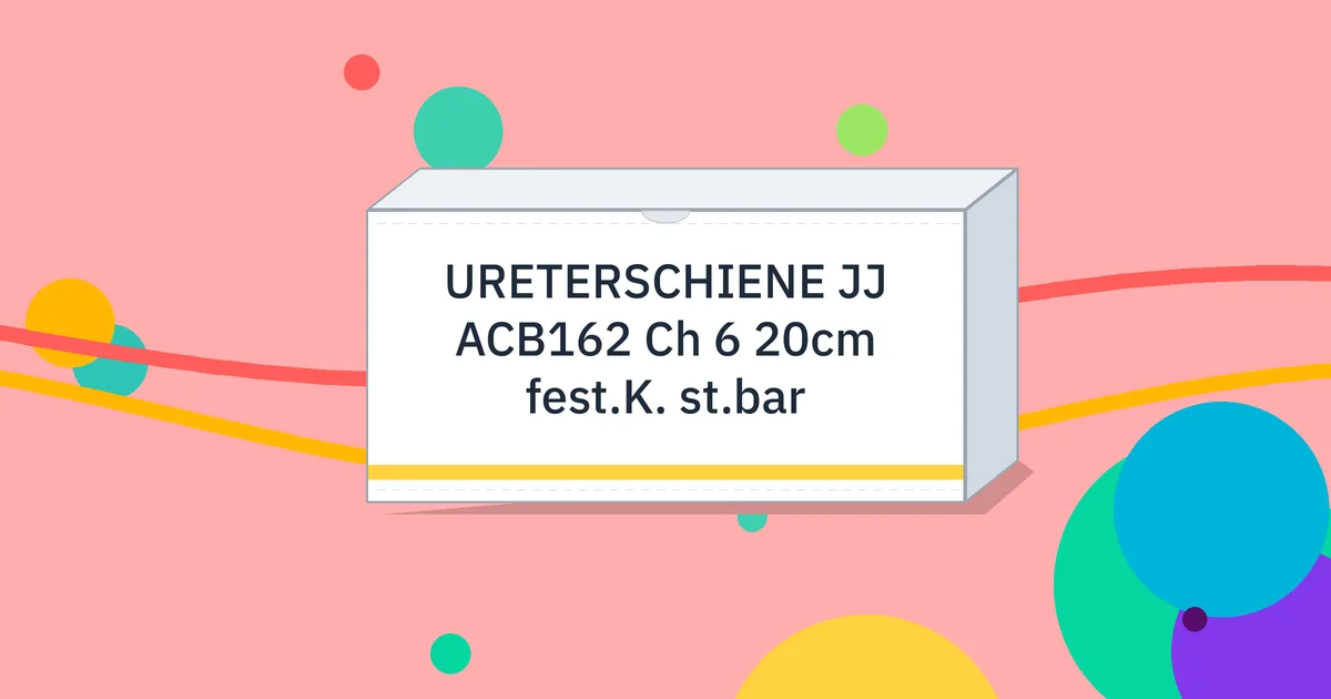 Symbolbild: Packung mit der Aufschrift URETERSCHIENE JJ ACB162 Ch 6 20cm fest.K. st.bar (PZN 00752042) – Verfügbarkeit und Bezug in Apotheken in Frankfurt am Main