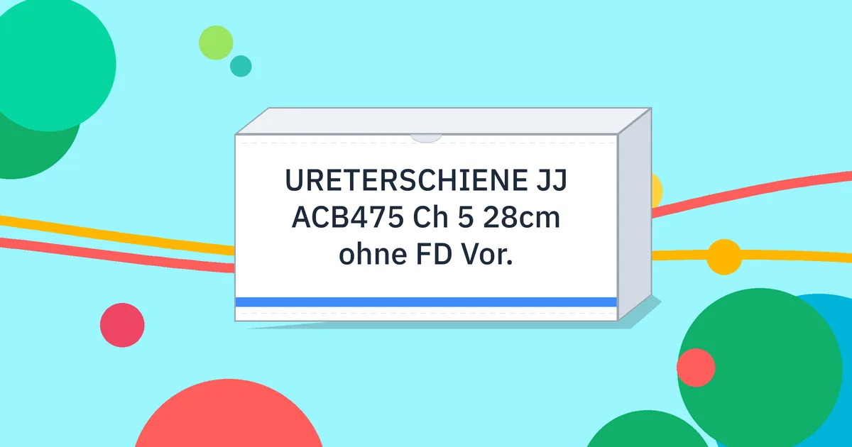 Symbolbild: Packung mit der Aufschrift URETERSCHIENE JJ ACB475 Ch 5 28cm ohne FD Vor. (PZN 00492121) – Verfügbarkeit und Bezug in Apotheken in Frankfurt am Main