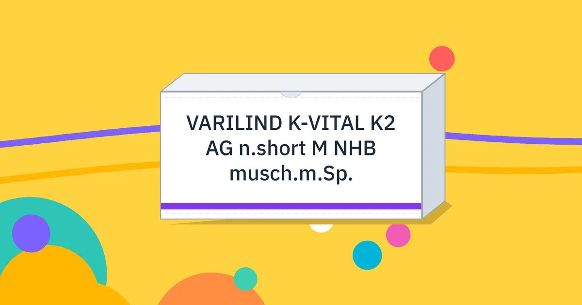 Symbolbild: Packung mit der Aufschrift VARILIND K-VITAL K2 AG n.short M NHB musch.m.Sp. (PZN 20565402) – Verfügbarkeit und Bezug in Apotheken in Frankfurt am Main